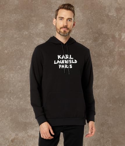 Karl Lagerfeld Paris Men's Solid Center Logo Drawcord Hoodie, Black, X-Large