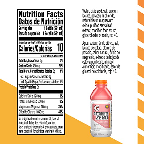 Gatorlyte Zero Electrolyte Beverage, Strawberry Kiwi, Zero Sugar Hydration, Specialized Blend of 5 Electrolytes, No Artificial Sweeteners or Flavors, 20oz Bottles (12 Pack)