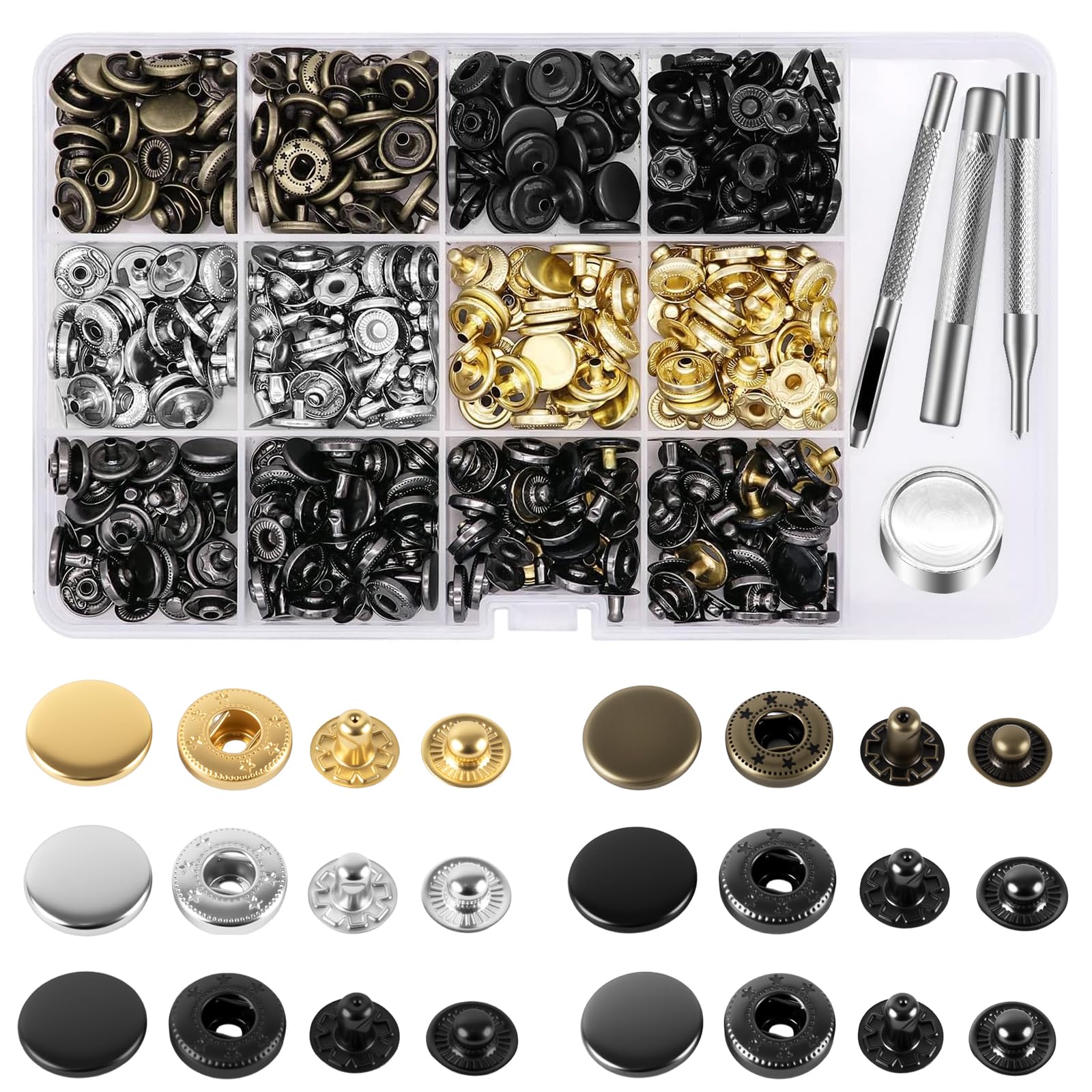 Alritz 120 Set Leather Snap Fasteners Kit, 12.5mm Metal Button Snaps Press Studs with 4 Setter Tools, 6 Color Leather Snaps for Clothes, Jackets, Jeans Wears, Bracelets, Bags (12.5mm)