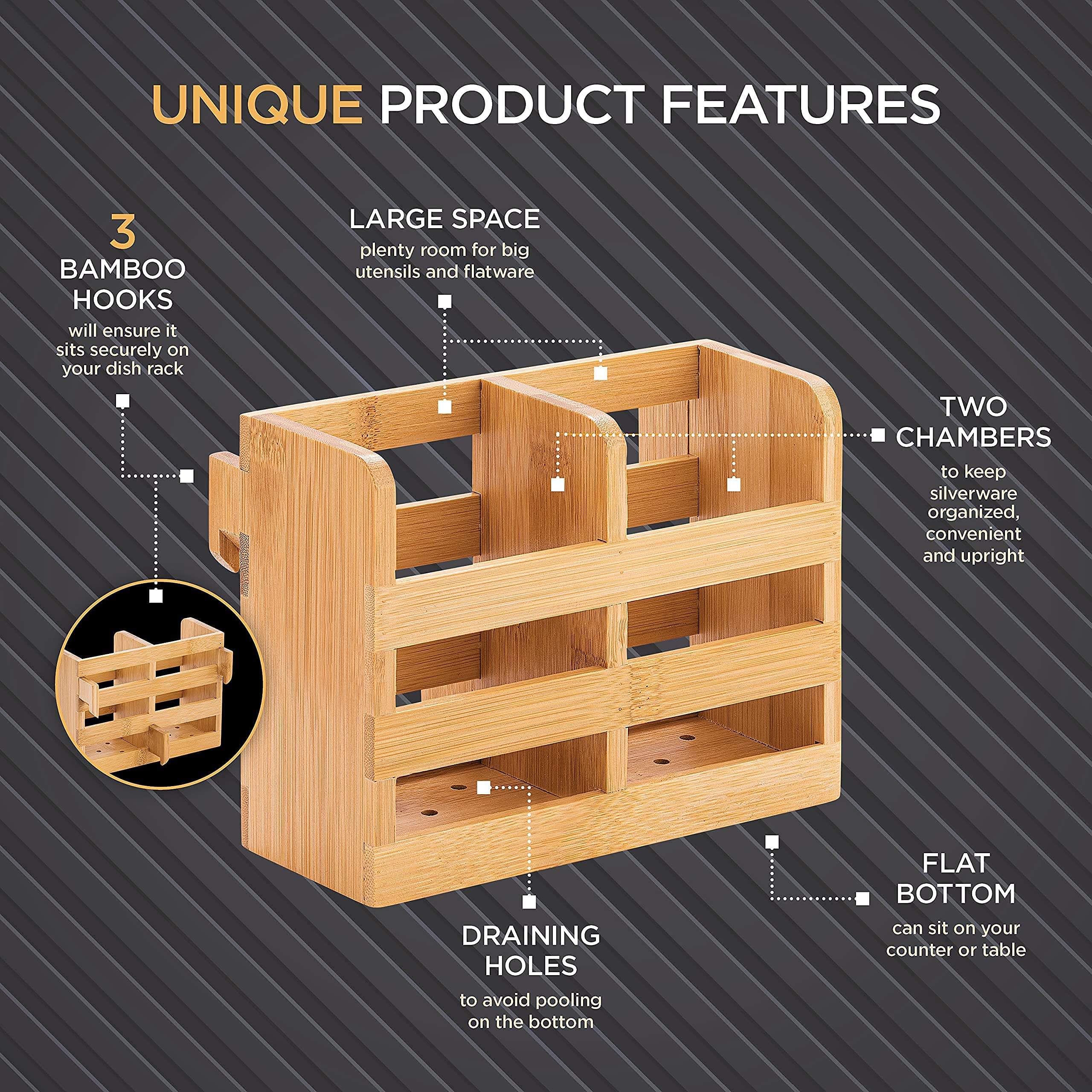Bamboo Utensil Holder for Dish Rack - Flatware, Cutlery and Utensil Drying Caddy - Fits Bambusi Bamboo Dish Drying Racks