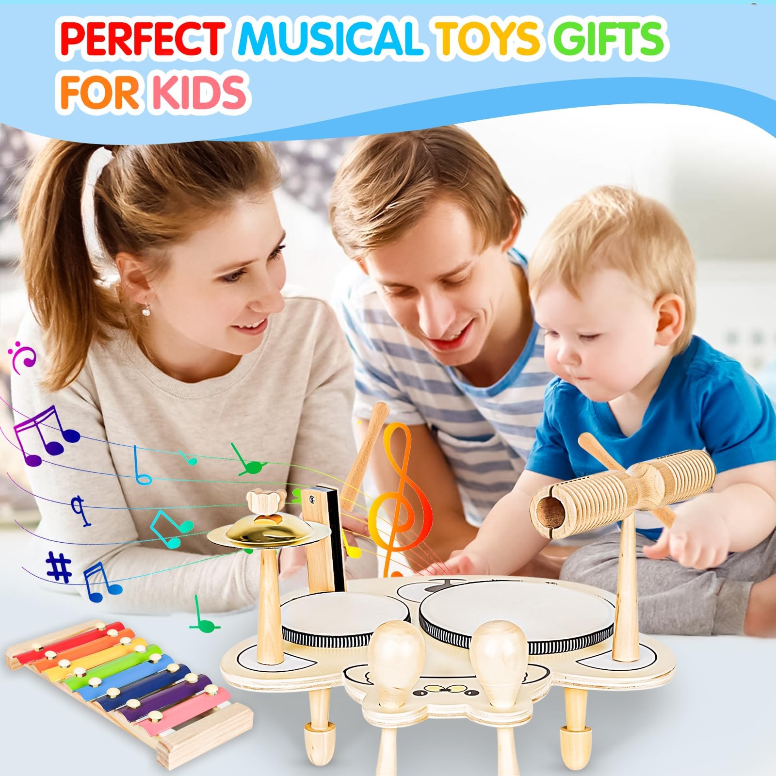 Toddler Musical Instruments Set, 9 in 1 Wooden Percussion Instruments for Toddlers, Montessori Musical Instruments for Boys Girls Early Learning