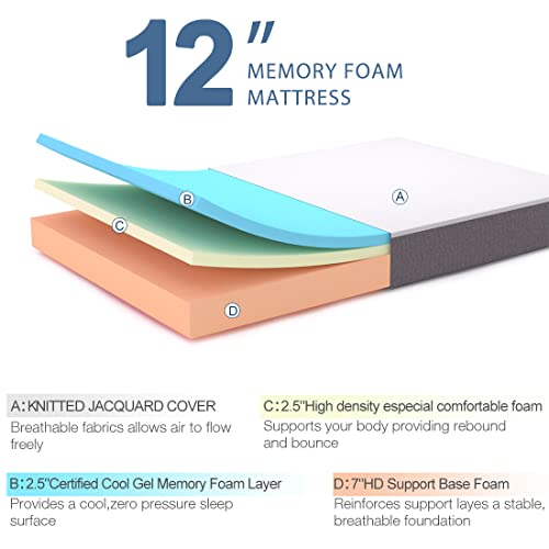 Molblly Queen Mattress, 12 Inch Memory Foam Mattress in a Box, Breathable Bed Comfortable Mattress for Cooler Sleep Supportive & Pressure Relief, 60" X 80" X 12"