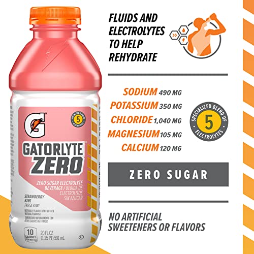 Gatorlyte Zero Electrolyte Beverage, Strawberry Kiwi, Zero Sugar Hydration, Specialized Blend of 5 Electrolytes, No Artificial Sweeteners or Flavors, 20oz Bottles (12 Pack)
