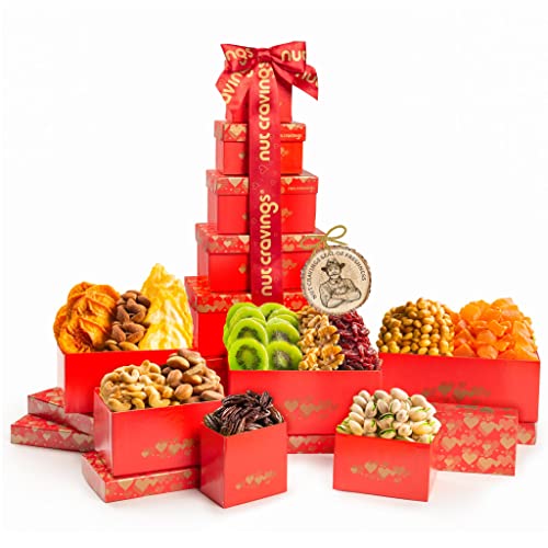 Dried Fruit & Mixed Nuts Gift Basket Red Tower + Heart Ribbon (12 Assortments) Purim Mishloach Manot Gourmet Food Bouquet Arrangement Platter, Birthday Care Package, Healthy Kosher Snack Box