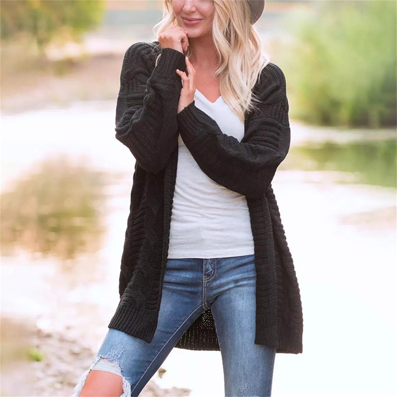 Today Deals Prime Long Cardigan for Women Oversized Sweater Solid Color Mid Length Coarse Sweater Sweater Women Cardigan (5-Black, M)