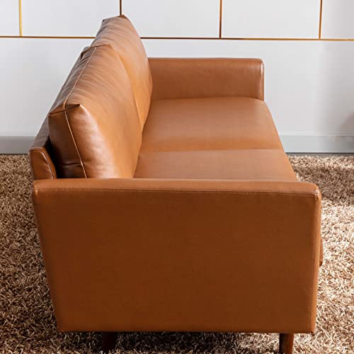 Dreamsir 80'' Faux Leather Sofa Couch, Mid-Century Modern Sofa with Solid Wooden Frame & Padded Cushions, 3-Seater Couch for Living Room, Apartment, Lounge Room (Brown)