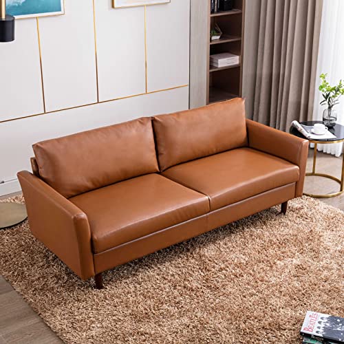 Dreamsir 80'' Faux Leather Sofa Couch, Mid-Century Modern Sofa with Solid Wooden Frame & Padded Cushions, 3-Seater Couch for Living Room, Apartment, Lounge Room (Brown)