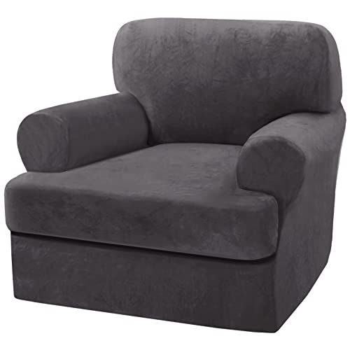 Sofa Cover 2 Piece T Cushion Armchair Slipcovers Thick Velvet Couch Cover Furniture Protector Stretch T Cushion Sofa Covers for 1 Cushion Couch with 1 Individual T Cushion Covers Washable, Grey