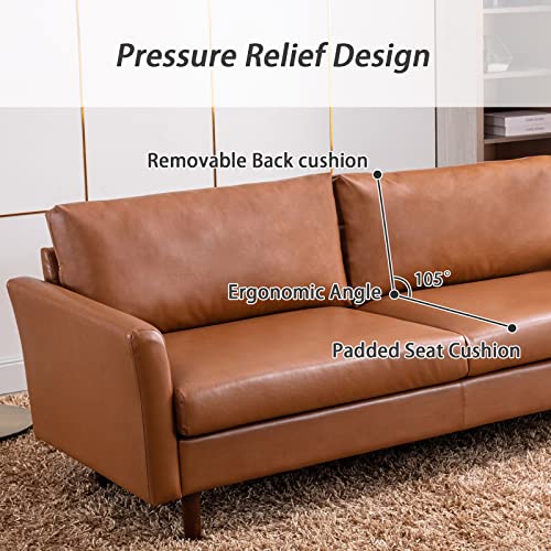 Dreamsir 80'' Faux Leather Sofa Couch, Mid-Century Modern Sofa with Solid Wooden Frame & Padded Cushions, 3-Seater Couch for Living Room, Apartment, Lounge Room (Brown)