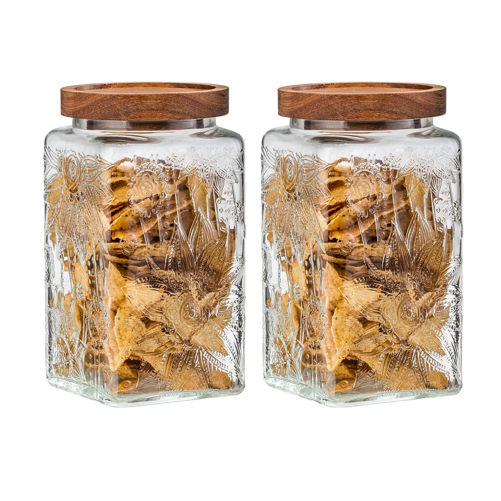 DNIENKGE Vintage Glass Airtight Storage Jar, With Airtight Wood Lid, Kitchen Food Storage Containers,Suitable for storage Tea leaves,Coffee Beans,dried fruits, cereals, etc (Square sunflower 2pcs)