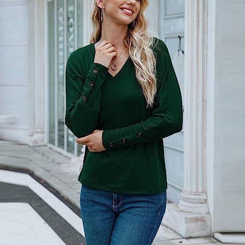 Business Casual V-Neck Tops for Women Long Sleeve Button Down Shirts Solid Color Classic Basic Blouses Trendy 2023