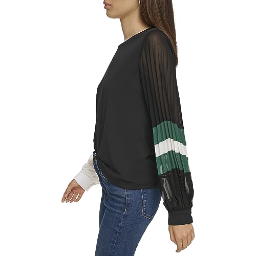 Karl Lagerfeld Paris Women's Long Sleeve Pleated Blouse, Black