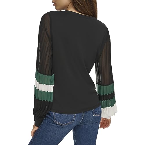 Karl Lagerfeld Paris Women's Long Sleeve Pleated Blouse, Black
