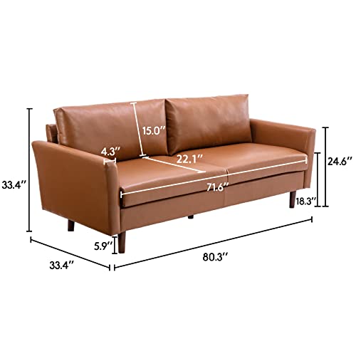 Dreamsir 80'' Faux Leather Sofa Couch, Mid-Century Modern Sofa with Solid Wooden Frame & Padded Cushions, 3-Seater Couch for Living Room, Apartment, Lounge Room (Brown)