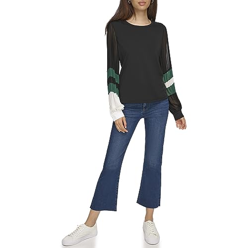 Karl Lagerfeld Paris Women's Long Sleeve Pleated Blouse, Black