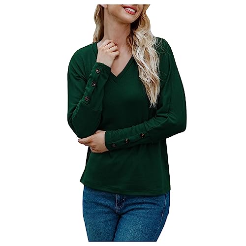 Business Casual V-Neck Tops for Women Long Sleeve Button Down Shirts Solid Color Classic Basic Blouses Trendy 2023