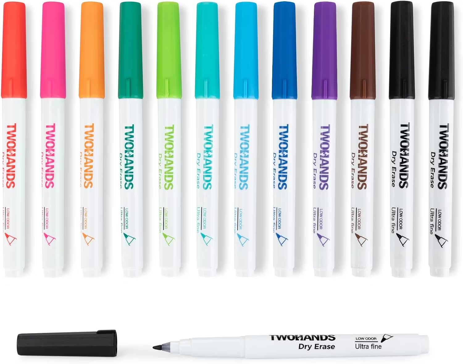 TWOHANDS Dry Erase Markers Ultra Fine Tip,0.7mm,Low Odor,Extra Fine Point,11 Assorted Colors,Whiteboard Markers for kids,School,Office,Home,or Planning Whiteboard,12 Count,20529