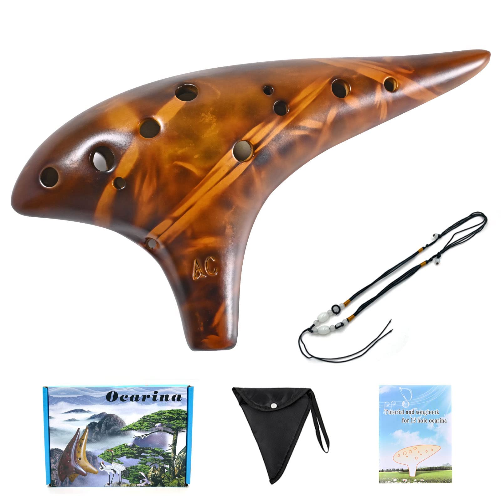 Ocarina,12 Holes Alto C Key Ceramic Ocarinas with Songbook Neck Strap Bag,Musical Instrument for Adults (Yellow)