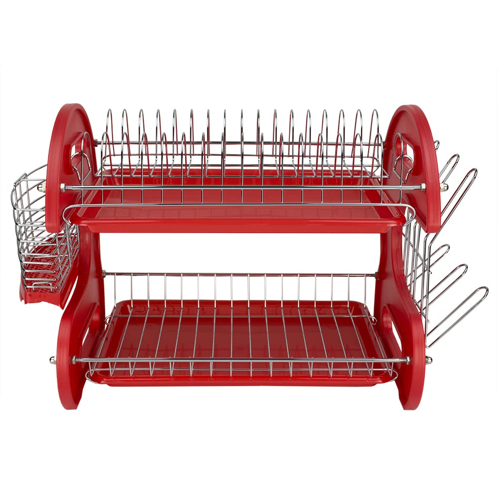 2 Tier Dish Drainer, By Home Basics (Red) Dish Rack For Kitchen Counter, With Cutlery Holder and Cup Slots