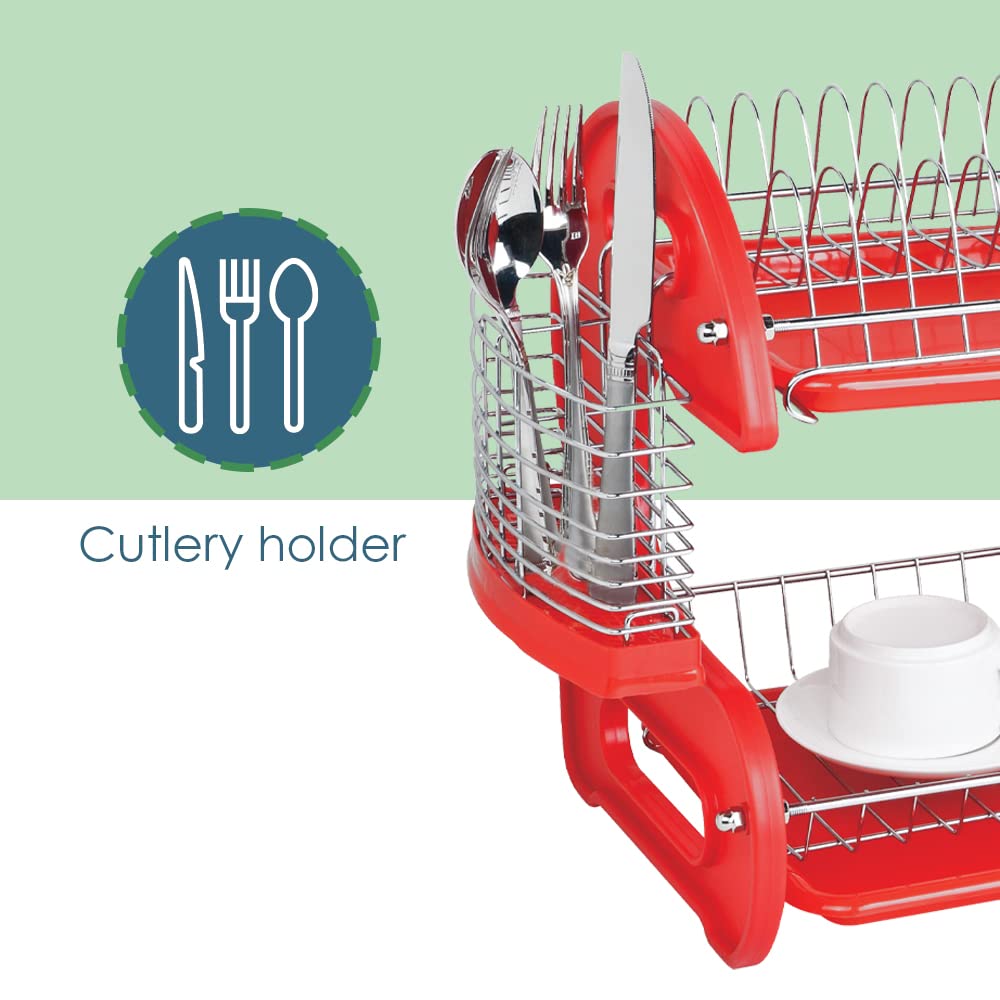2 Tier Dish Drainer, By Home Basics (Red) Dish Rack For Kitchen Counter, With Cutlery Holder and Cup Slots