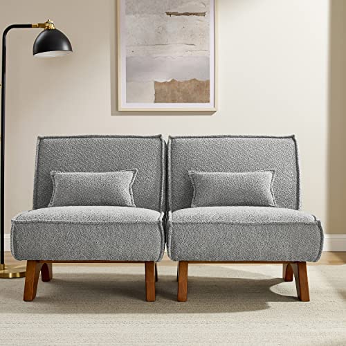 Art Leon Modern Modular Sofa Sherpa Fabric Single Sofa with Pillow, Accent Armless Chair with Wooden Legs for Living Room Bedroom, Set of 2, Gray