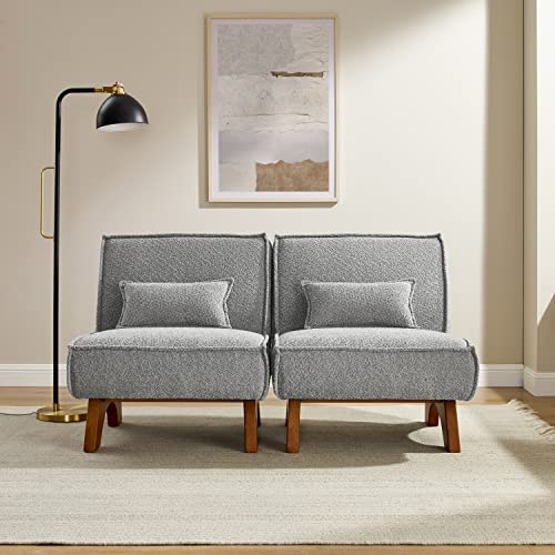 Art Leon Modern Modular Sofa Sherpa Fabric Single Sofa with Pillow, Accent Armless Chair with Wooden Legs for Living Room Bedroom, Set of 2, Gray