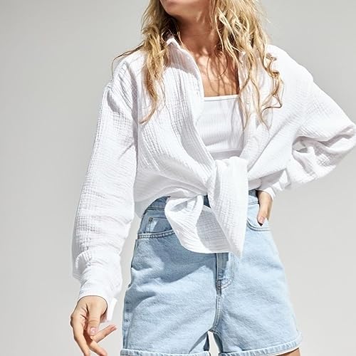 Basic Tops for Women 2023 New Casual Lapel Long Sleeve Shirts Solid Color Comfy Loose Elegant Classic Blouses