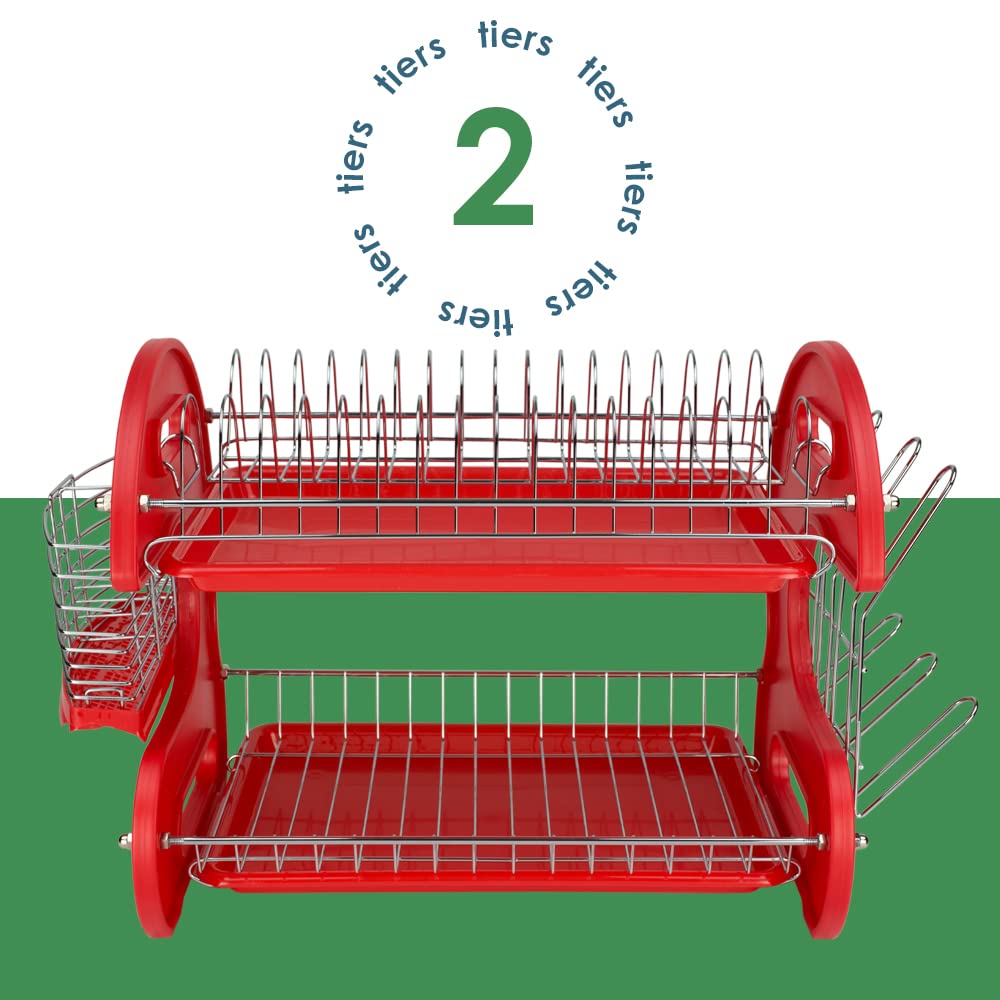 2 Tier Dish Drainer, By Home Basics (Red) Dish Rack For Kitchen Counter, With Cutlery Holder and Cup Slots