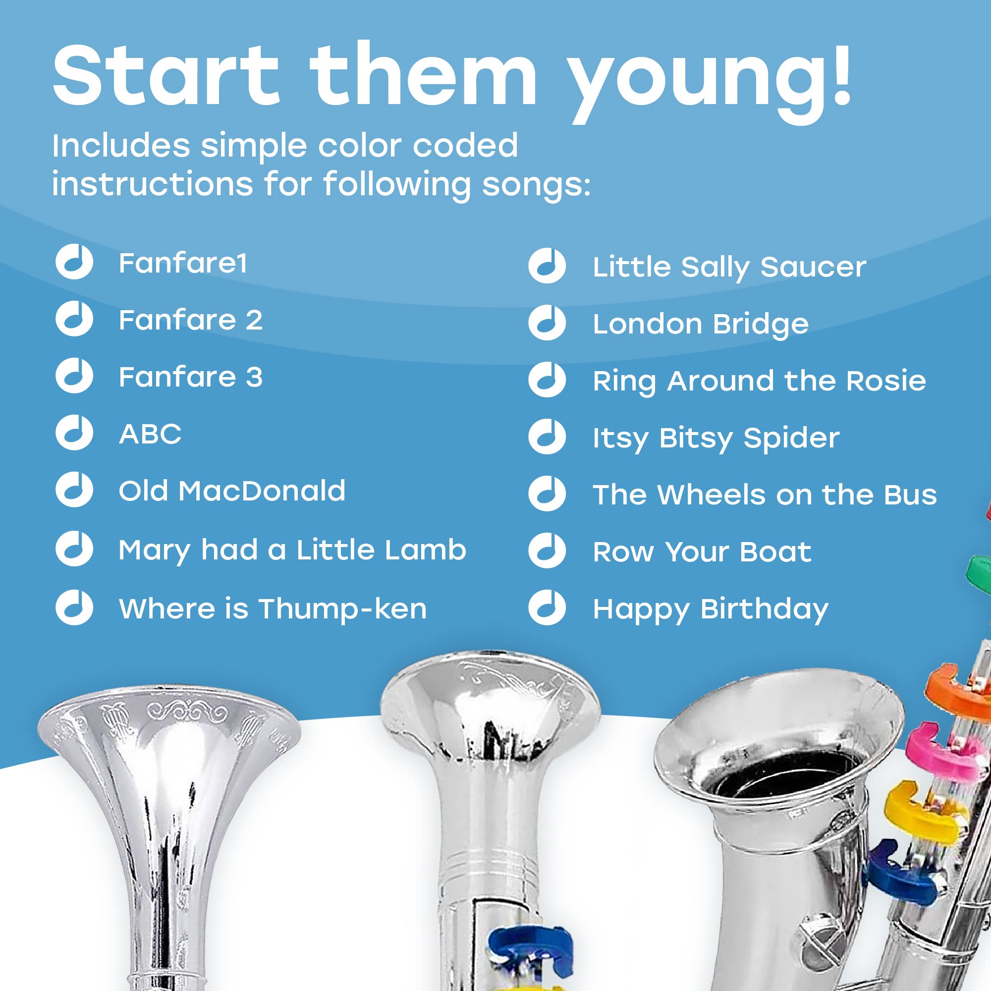 Set of 3 Kids Musical Instruments Toy Clarinet, Toy Saxophone and Toy Trumpet, 3 Wind and Brass Musical Instruments Combo with Over 10 Color Keys Coded Teaching Songs for Toddlers