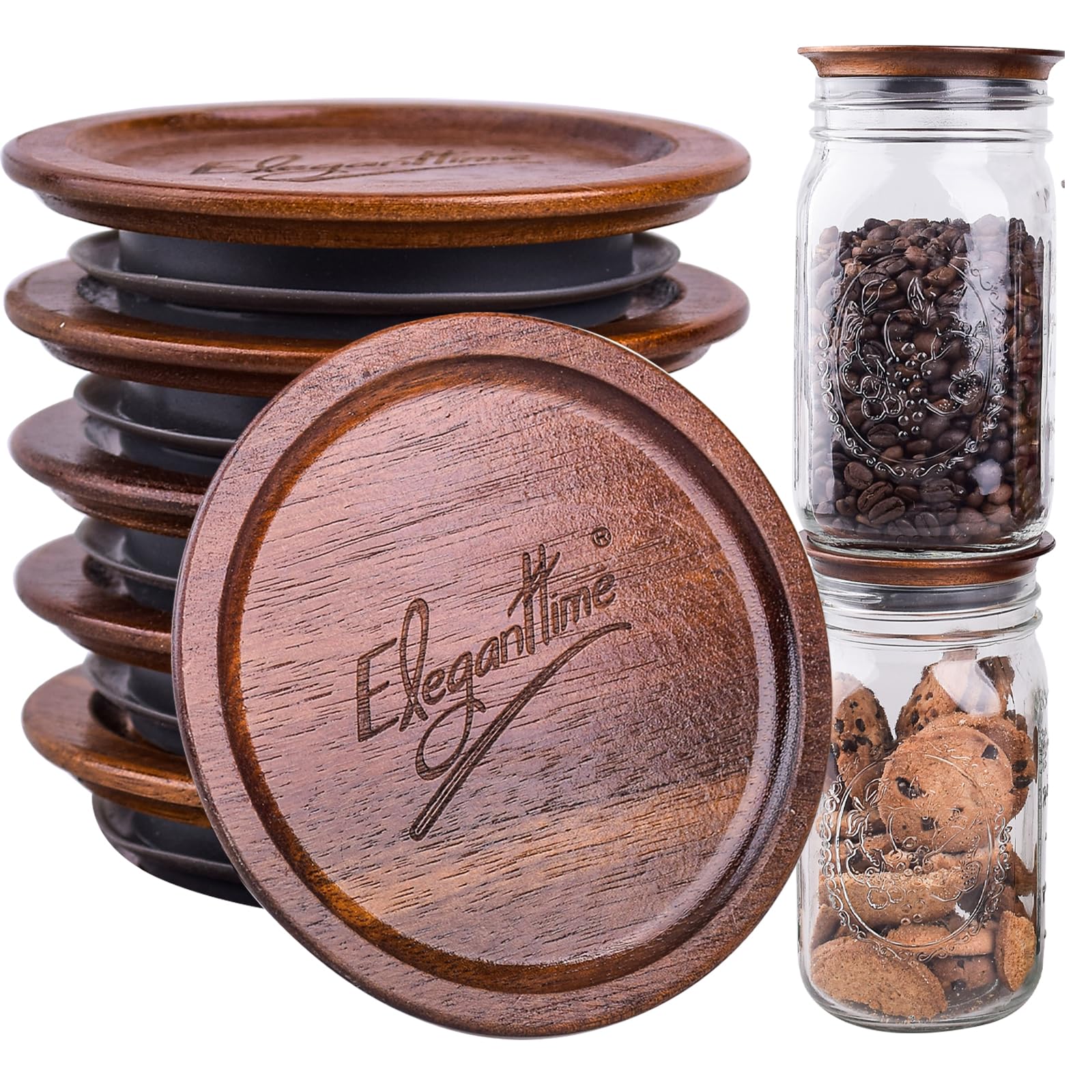 Eleganttime Wide Mouth Mason Jar Lids, 6 Pack Wooden Storage Lid with Silicone Sealing for Ball Mason Jar Canning Jars