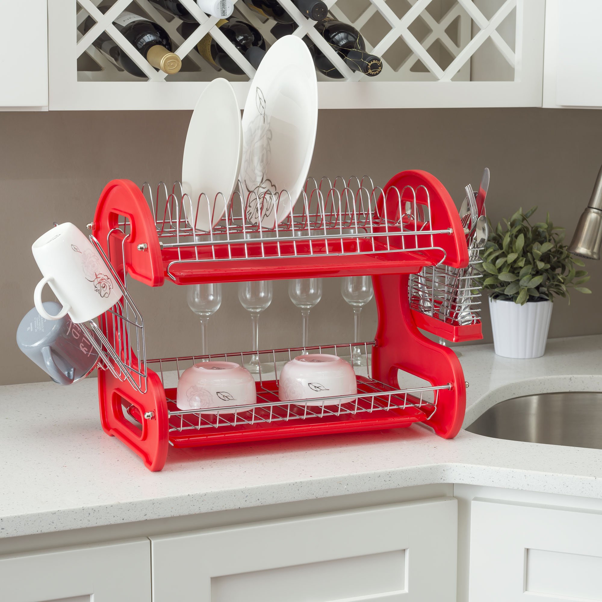 2 Tier Dish Drainer, By Home Basics (Red) Dish Rack For Kitchen Counter, With Cutlery Holder and Cup Slots
