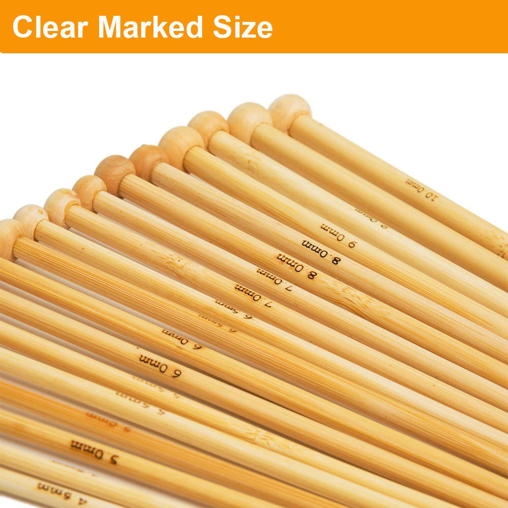 36PCS Bamboo Knitting Needles Set, BetyBedy Single Pointed Knitting Needles, 9 Inches Length Knitting Crochet Supplies for Beginners Handmade (18 Sizes from 2.0mm-10.0mm)