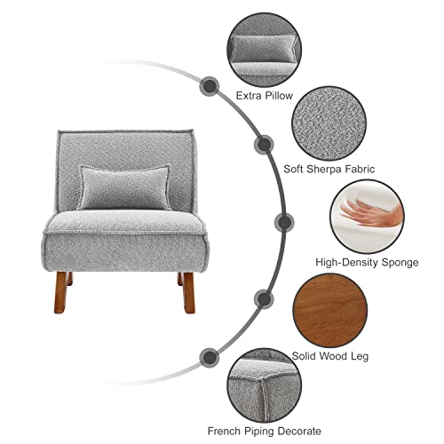 Art Leon Modern Modular Sofa Sherpa Fabric Single Sofa with Pillow, Accent Armless Chair with Wooden Legs for Living Room Bedroom, Set of 2, Gray