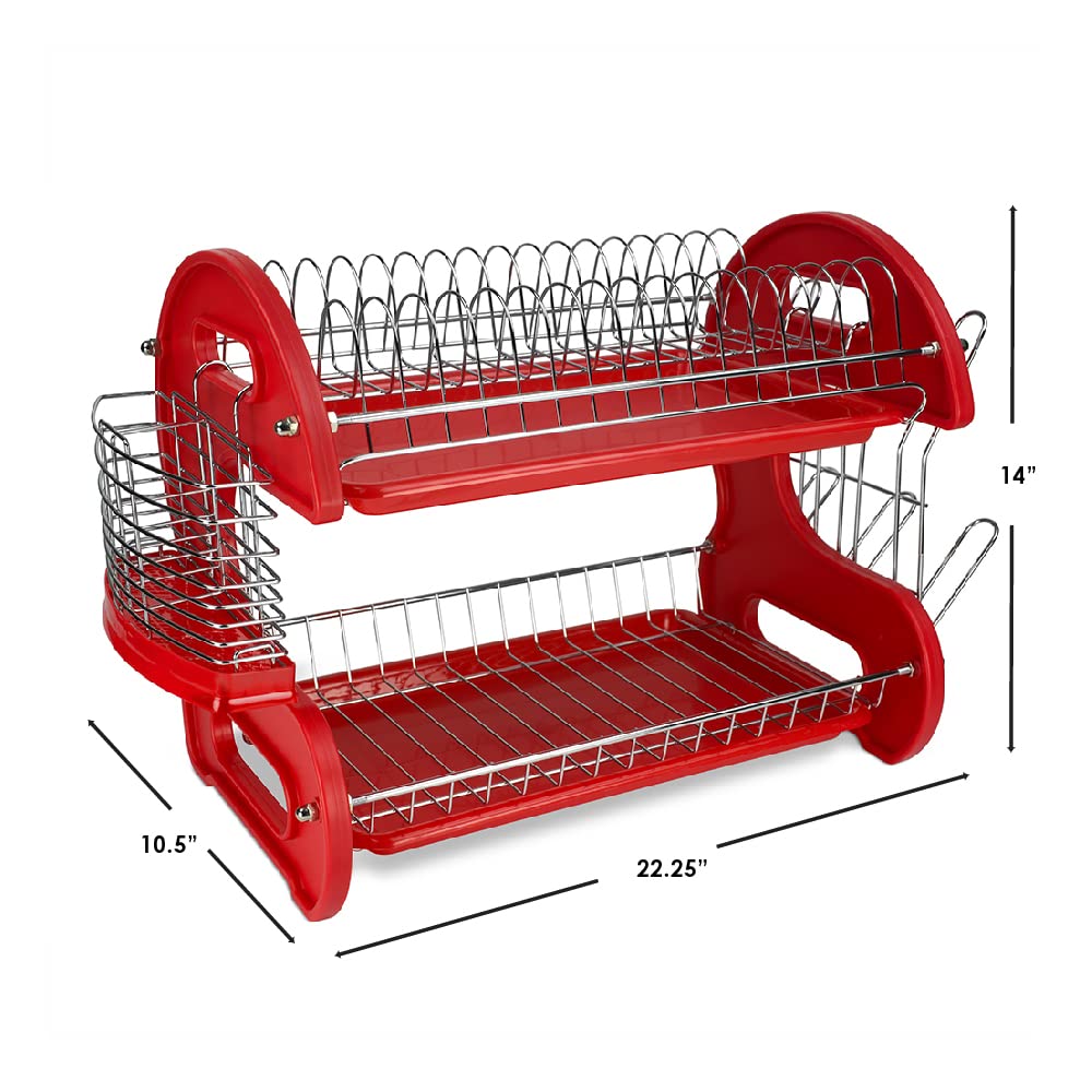 2 Tier Dish Drainer, By Home Basics (Red) Dish Rack For Kitchen Counter, With Cutlery Holder and Cup Slots