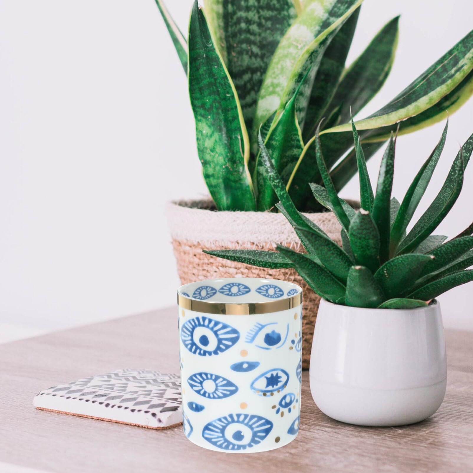 VOSAREA Aromatherapy Candle Jar with Lid Evil Eye Pattern Design Ceramic Makecup Cotton Swab Holder Decorative Candle Holder Bottle for Fireplace Kitchen Dining Decor