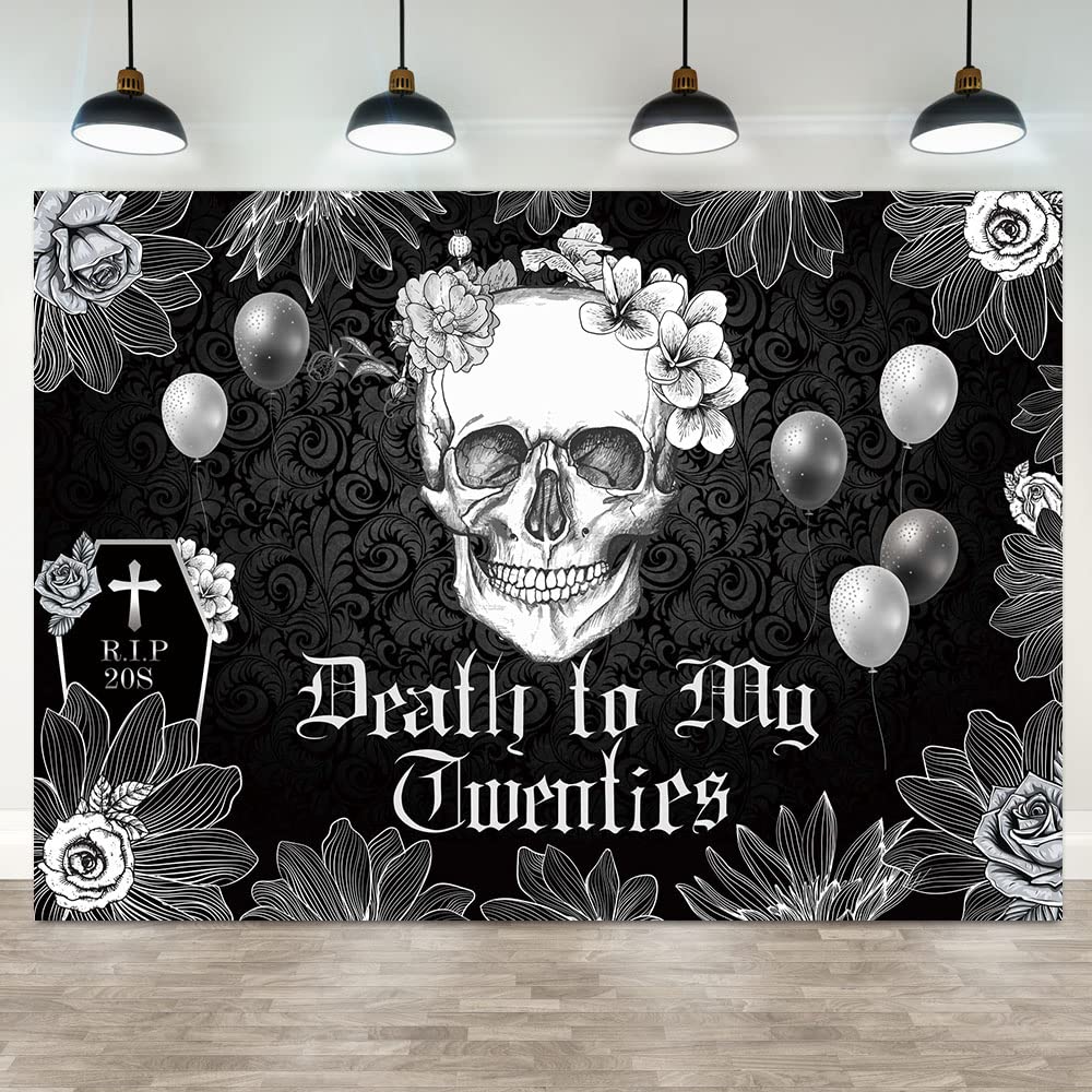 Hilioens 7×5ft Death to My Twenties Backdrop for 30th Birthday RIP to My 20s Youth Gothic Skull Coffin Black Party Background for Photography Girls Boys Halloween Thirties Birthday Banner Deocr