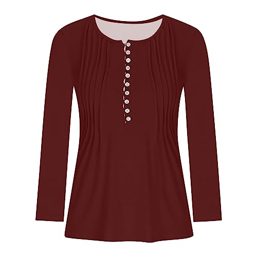 Deal of The Day Prime Today Womens Workout Tops Solid Color v Neck Long Sleeve Button Blouses Empire Waist Ruched Slim Fit Tunics Trendy 2023 Wine S