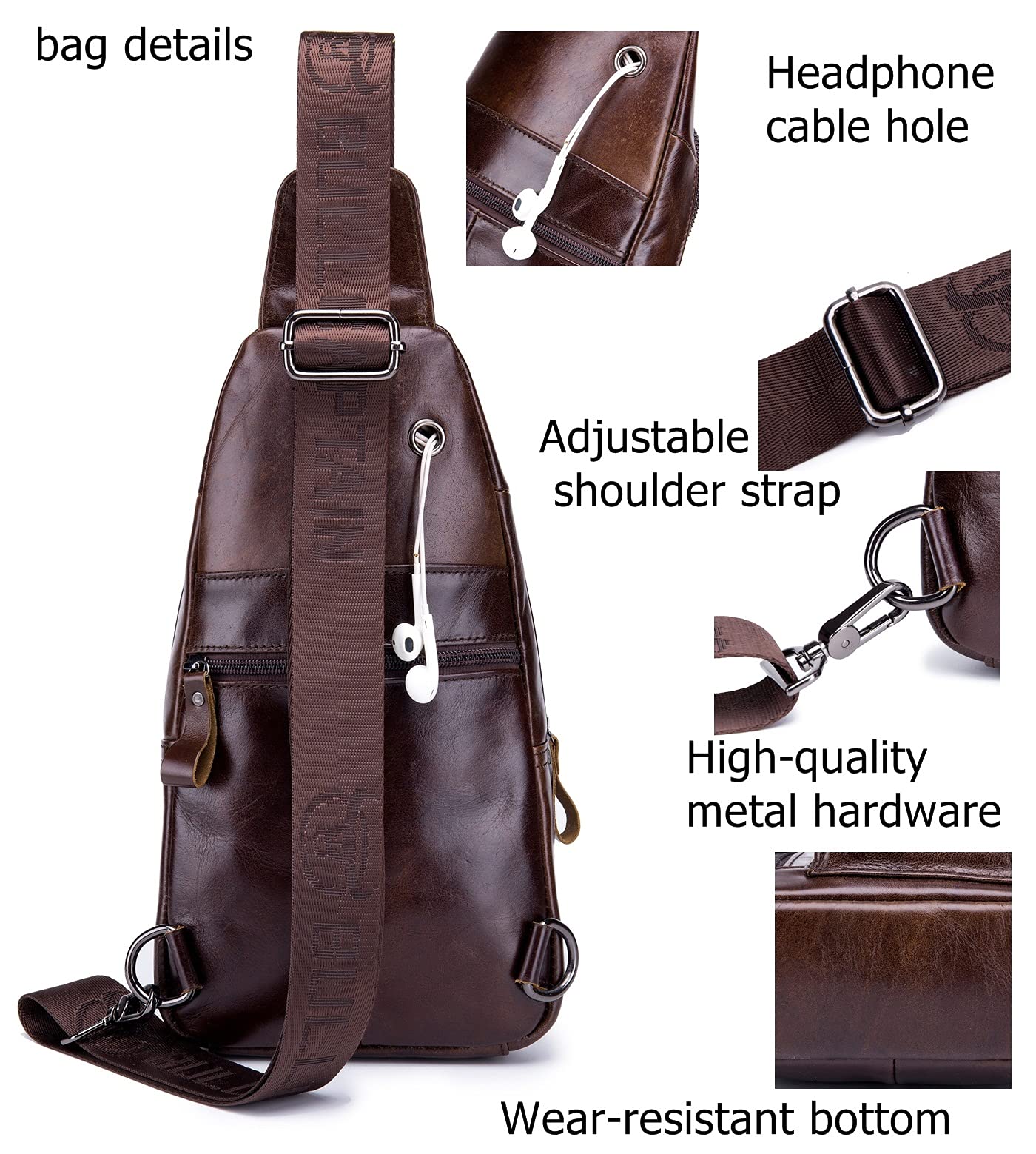 BULLCAPTAIN Mens Genuine Leather Sling Crossbody Bag Travel Casual Multi-pocket Chest Bag Hiking Backpacks (Brown)