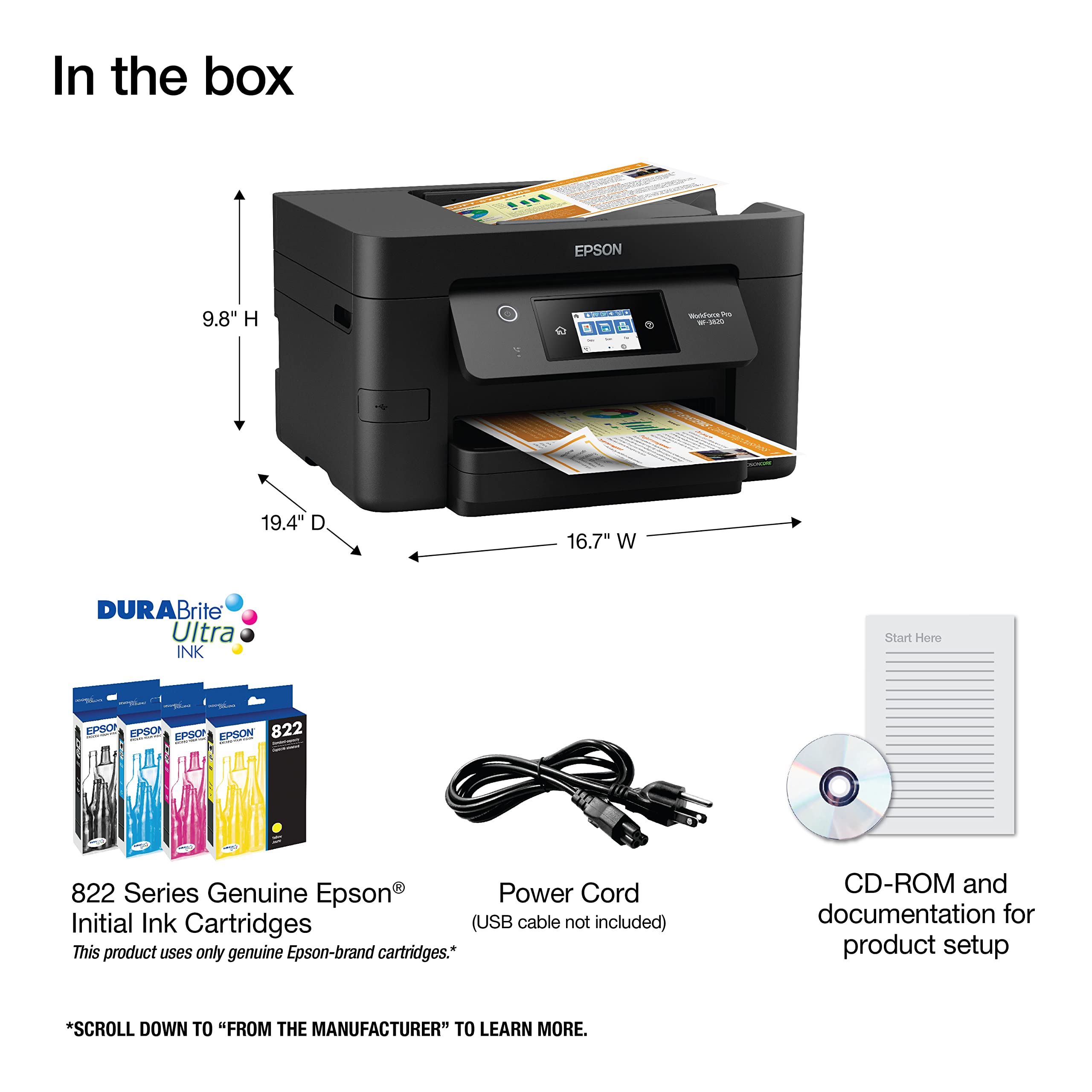Epson Workforce Pro WF-3820 Wireless All-in-One Printer with Auto 2-Sided Printing, 35-Page ADF, 250-sheet Paper Tray and 2.7" Color Touchscreen (Renewed)