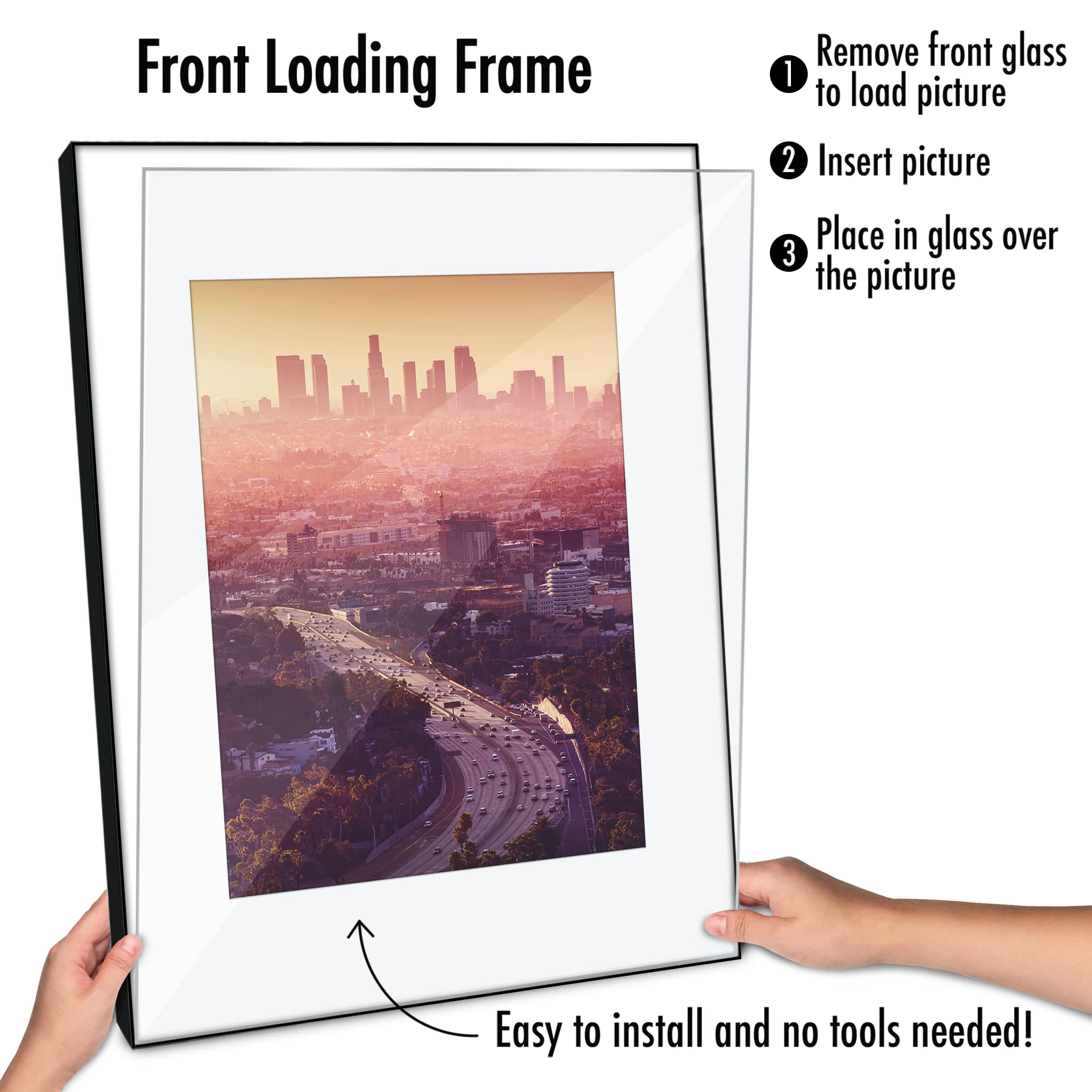 Americanflat Front Loading 16x20 Picture Frame with Shatter-Resistant Glass - Set of 2 - Use as 11x14 Frame with Mat - Metropolitan Collection - Photo Frame for Wall Display - Black