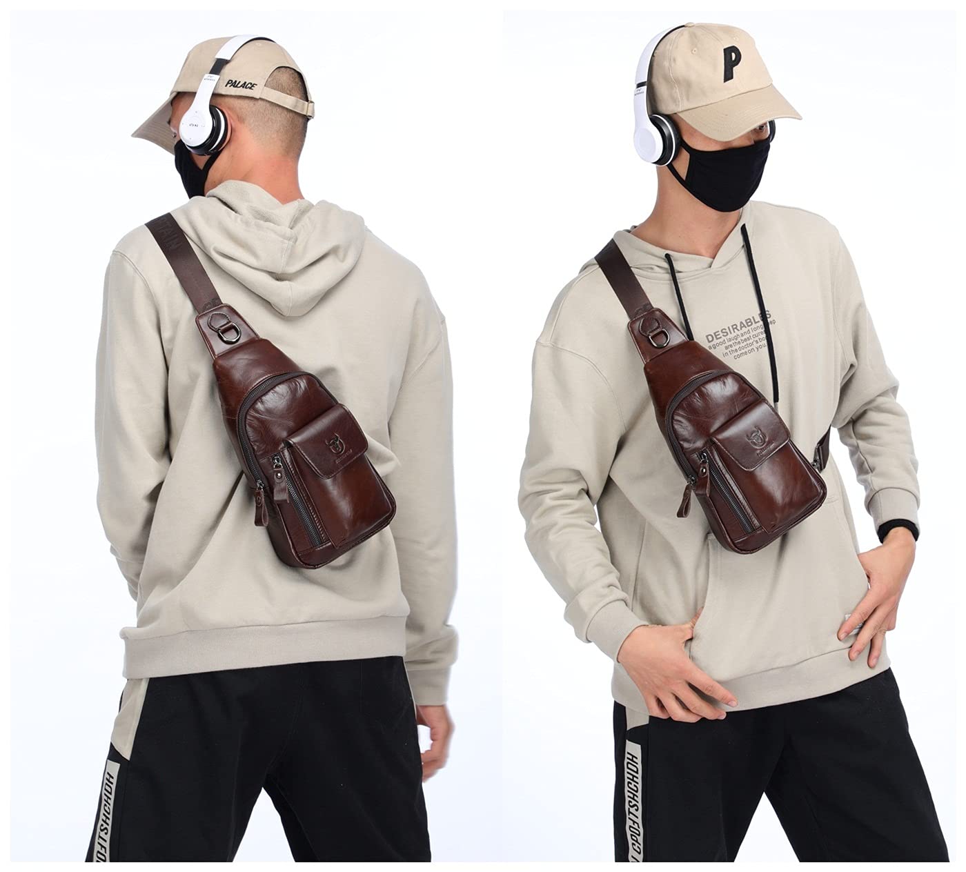 BULLCAPTAIN Mens Genuine Leather Sling Crossbody Bag Travel Casual Multi-pocket Chest Bag Hiking Backpacks (Brown)