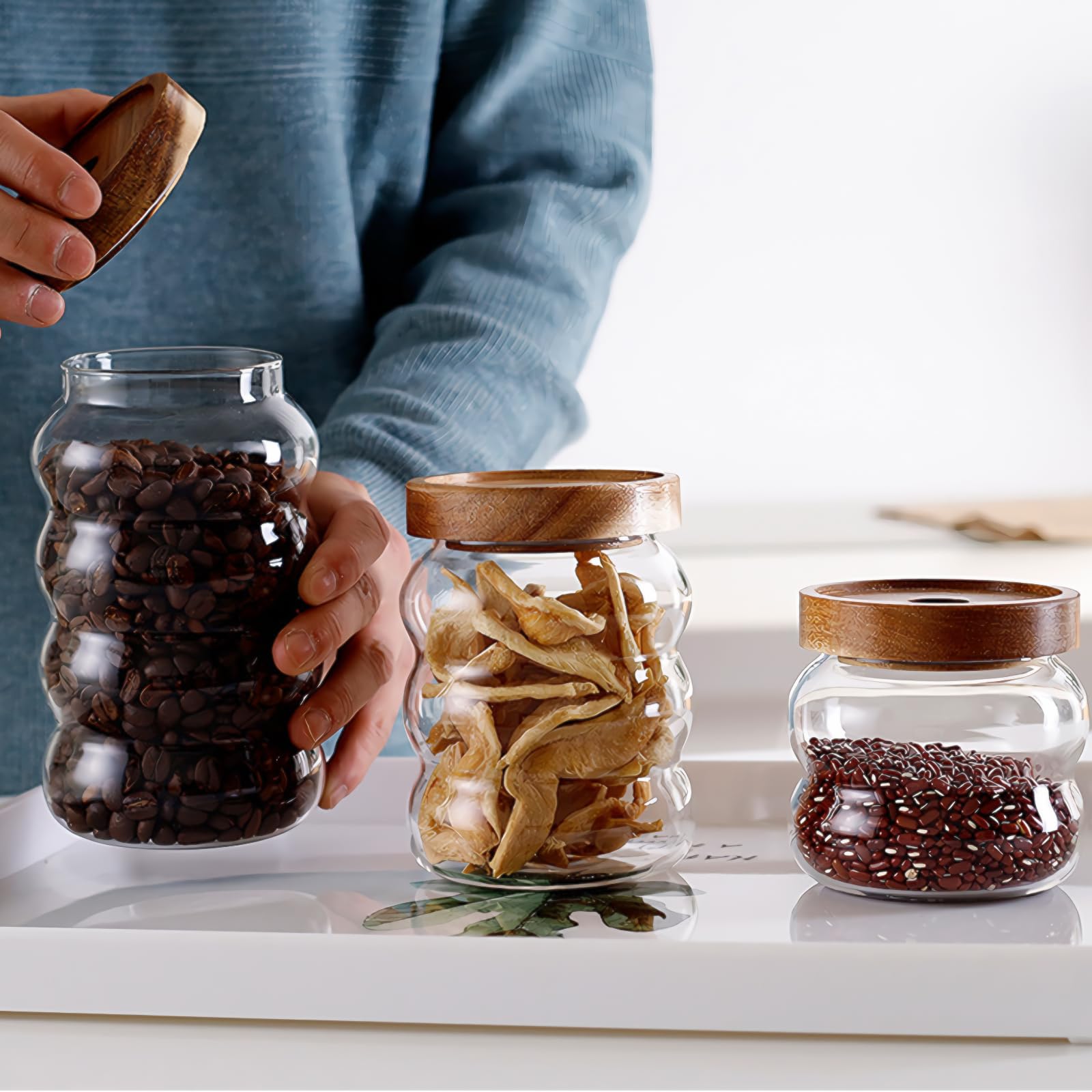 Set of 2 Waved Glass Jars with Airtight Wood Lids - Versatile Food Containers - Kitchen and Pantry Storage- for Coffee Beans, Tea, Sugar cube - 24 oz(Style5)