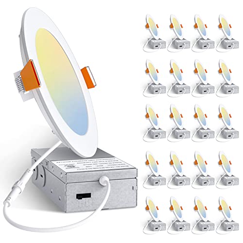 Amico 20 Pack 6 Inch 5CCT Ultra-Thin LED Recessed Ceiling Light with Junction Box, 2700K/3000K/3500K/4000K/5000K Selectable, 12W Eqv 110W, Dimmable Can-Killer Downlight, 1050LM High Brightness - ETL