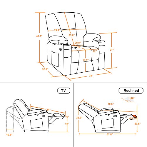 MCombo Fabric Electric Power Recliner Chair with Heat and Massage, Cup Holders, USB Ports, Extended Footrest, Cloth Powered Reclining for Living Room 8015