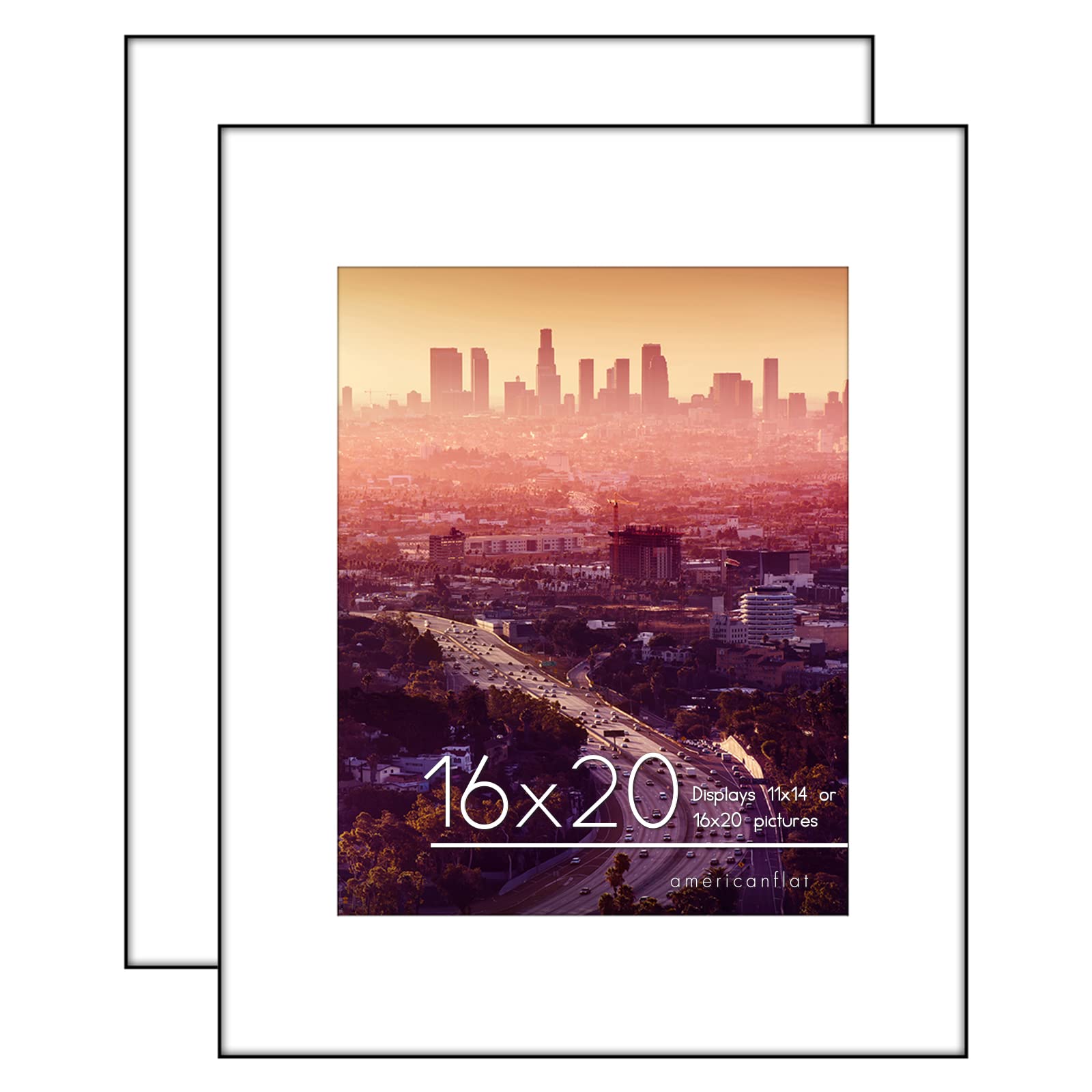 Americanflat Front Loading 16x20 Picture Frame with Shatter-Resistant Glass - Set of 2 - Use as 11x14 Frame with Mat - Metropolitan Collection - Photo Frame for Wall Display - Black