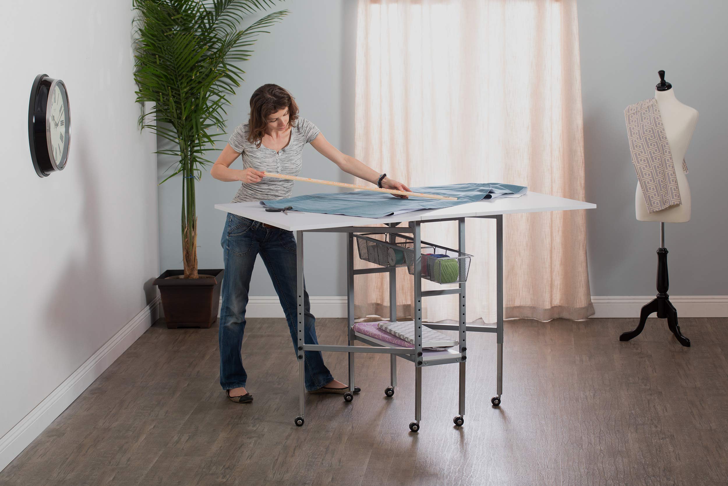 Studio Designs Sew Ready Mobile Height Adjustable Hobby and Craft Cutting Table with Drawers in Silver/White (13374)