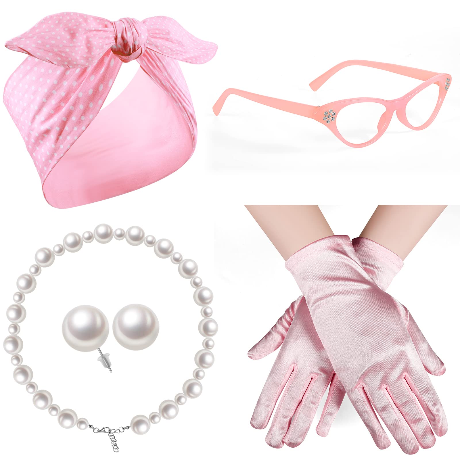 1950's Women Costume Accessories Polka Dot Hairband, Eyeglass, Faux Pearl Necklace, Stud Earring, Gloves (Pink and White)