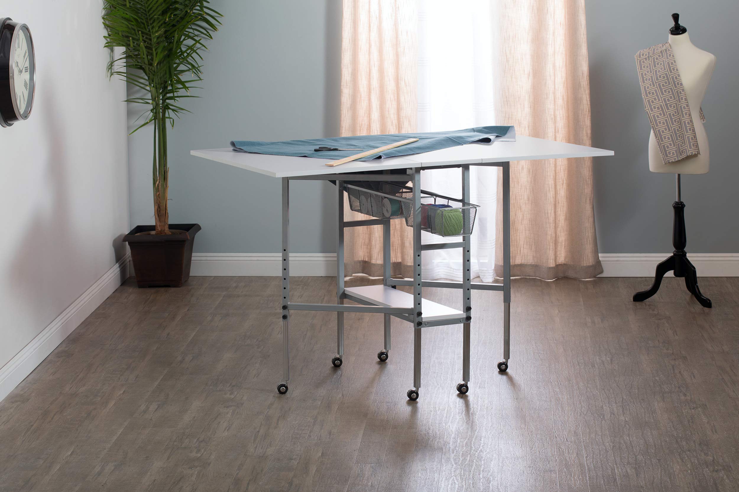 Studio Designs Sew Ready Mobile Height Adjustable Hobby and Craft Cutting Table with Drawers in Silver/White (13374)
