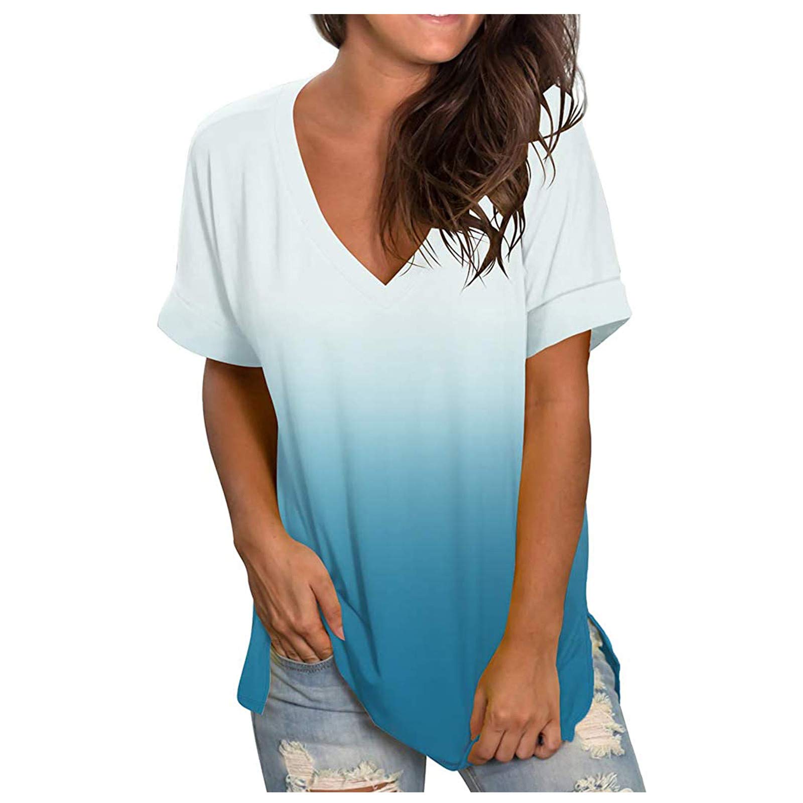 DASAYO Womens Short Sleeve Tops Shirts V Neck Gradient Color Fashion Cute Casual Tshirts Blouse Loose Summer Trendy Shirt