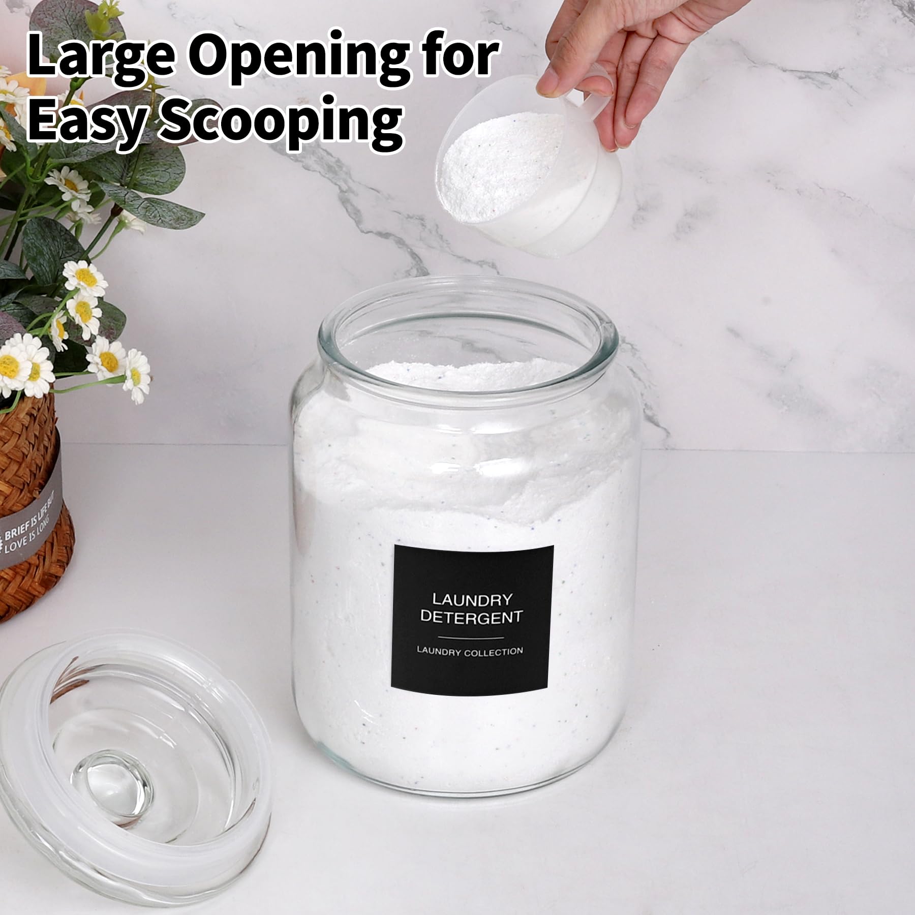 TIPGO Glass Jars for Laundry Room Organization and Storage, 0.5 Gallon Glass Containers with lids, Laundry Pods and Detergent Container (Set of 2, Black Labels)